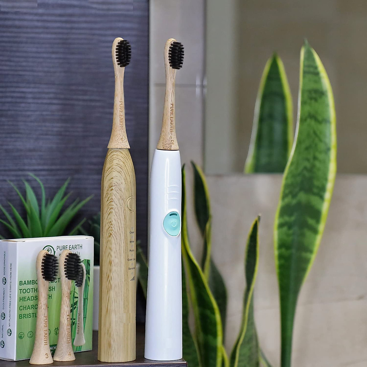 Bamboo Electric Toothbrush Replacement Heads - Compatible with Philips Sonicare Toothbrush - Soft Bristle Natural Charcoal Toothbrush Heads Refill - (Pack of 4) by Pure Earth Essentials