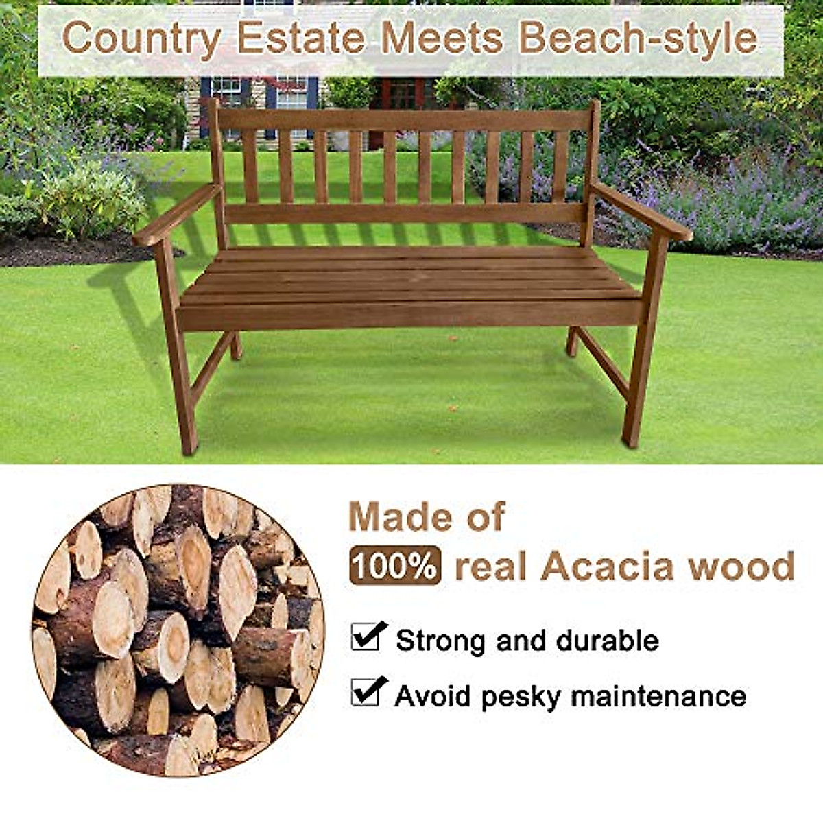 Outdoor Patio Bench Furniture Wooden Bench Wicker Bench Farmhouse Bench W/Backrest &Wide Armrest Natural Oiled for Park Yard Large Bench Garden Bench, (Natural