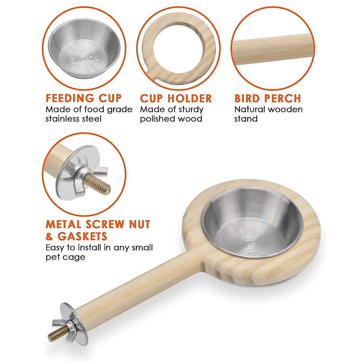 KATUMO Bird Perch Bird Feeding Cup Parrot Wood Perch Stand Toy Bird Cage Accessory for Parakeet Lovebird Conure Budgie Canary Finch Small Parrots