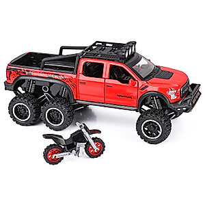 SASBSC Toy Pickup Trucks for Boys F150 Raptor DieCast Metal Model Car with Sound and Light for Kids Age 3 Year and up RED