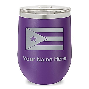 LaserGram Double Wall Stainless Steel Wine Glass Tumbler, Flag of Puerto Rico, Personalized Engraving Included (Dark Purple)