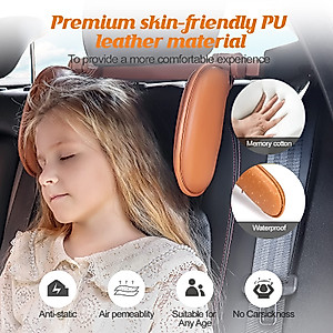 SanLead Car Headrest Pillow Brown, Adjustable Car Seat Head Neck Support, Memory Foam Road Pal Headrest, U Shaped Kids Car Sleeping Pillow for Travel