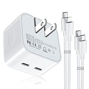 35W Dual USB-C Port - Compact Power Adapter Foldable USB Type C Plug Fast Wall Charger with 2Pcs 5FT C to L, C to C Charging Cord for iPhone 14 13 12 11 Pro Max Plus Mini, iPad, MacBook Air