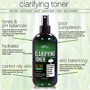Clarifying Toner with MSM, Tea Tree & Neem Hydrosol, Complexion Control for Face & Body – Helps Reduce Appearance of Pore Size, Controls Oil to Tone, Balance & Hydrate Skin - 8 oz