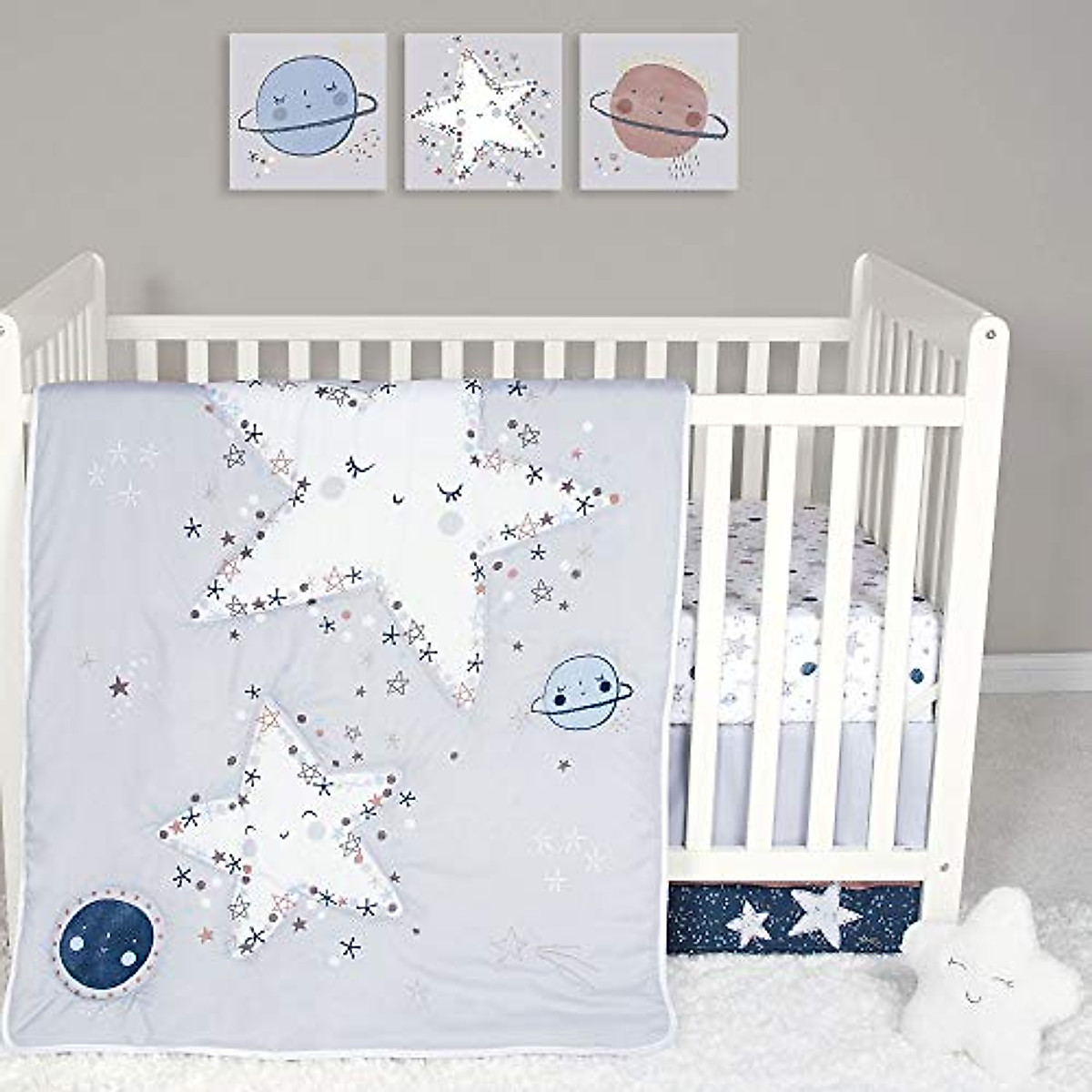 Sammy & Lou Starlight 4-Piece Baby Crib Bedding Set, Includes Quilt, Fitted Crib Sheets Neutral, Crib Skirt, and Plush Toy