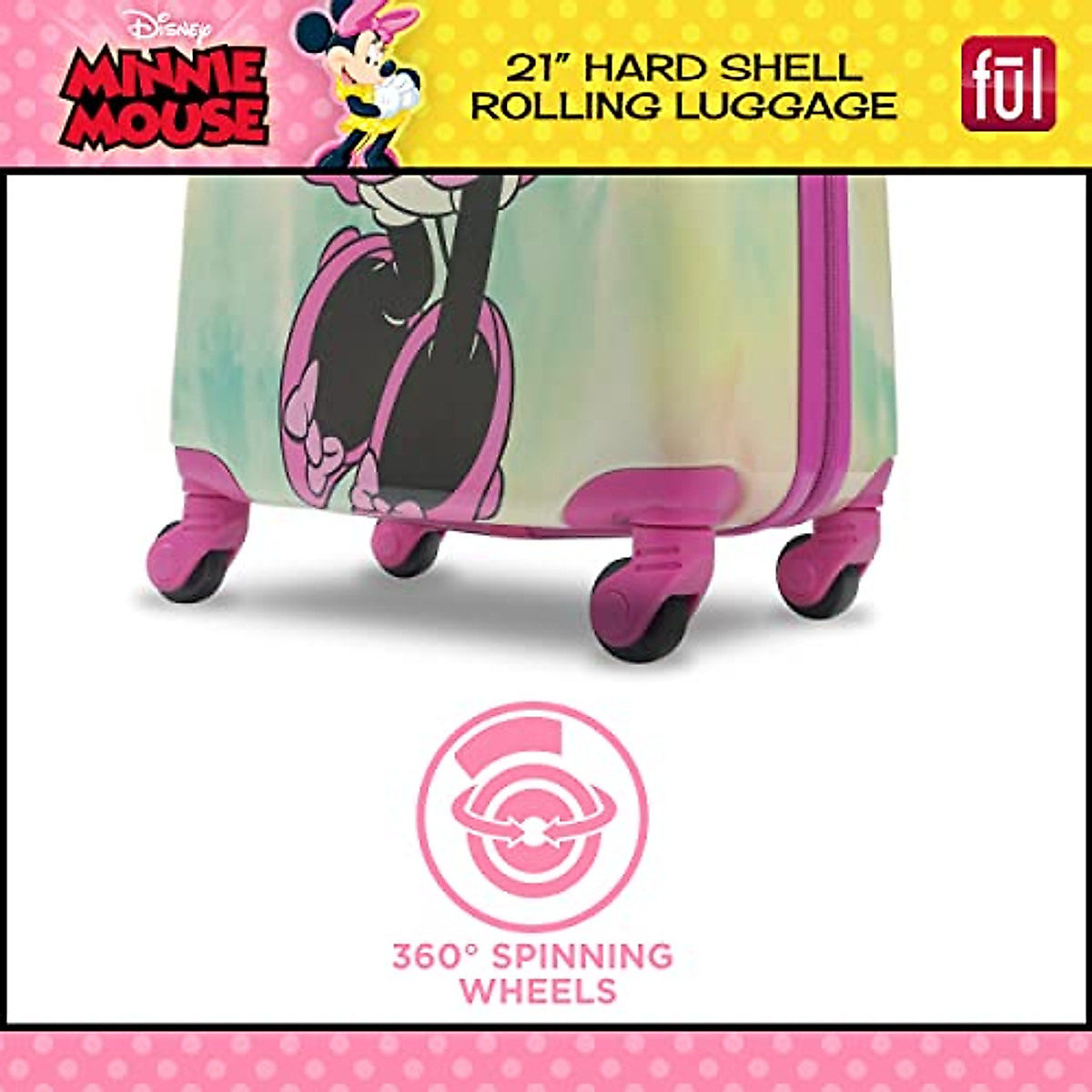 FUL Disney Minnie Mouse 21 Inch Kids Rolling Luggage, Hardshell Carry On Suitcase with Wheels, Pink