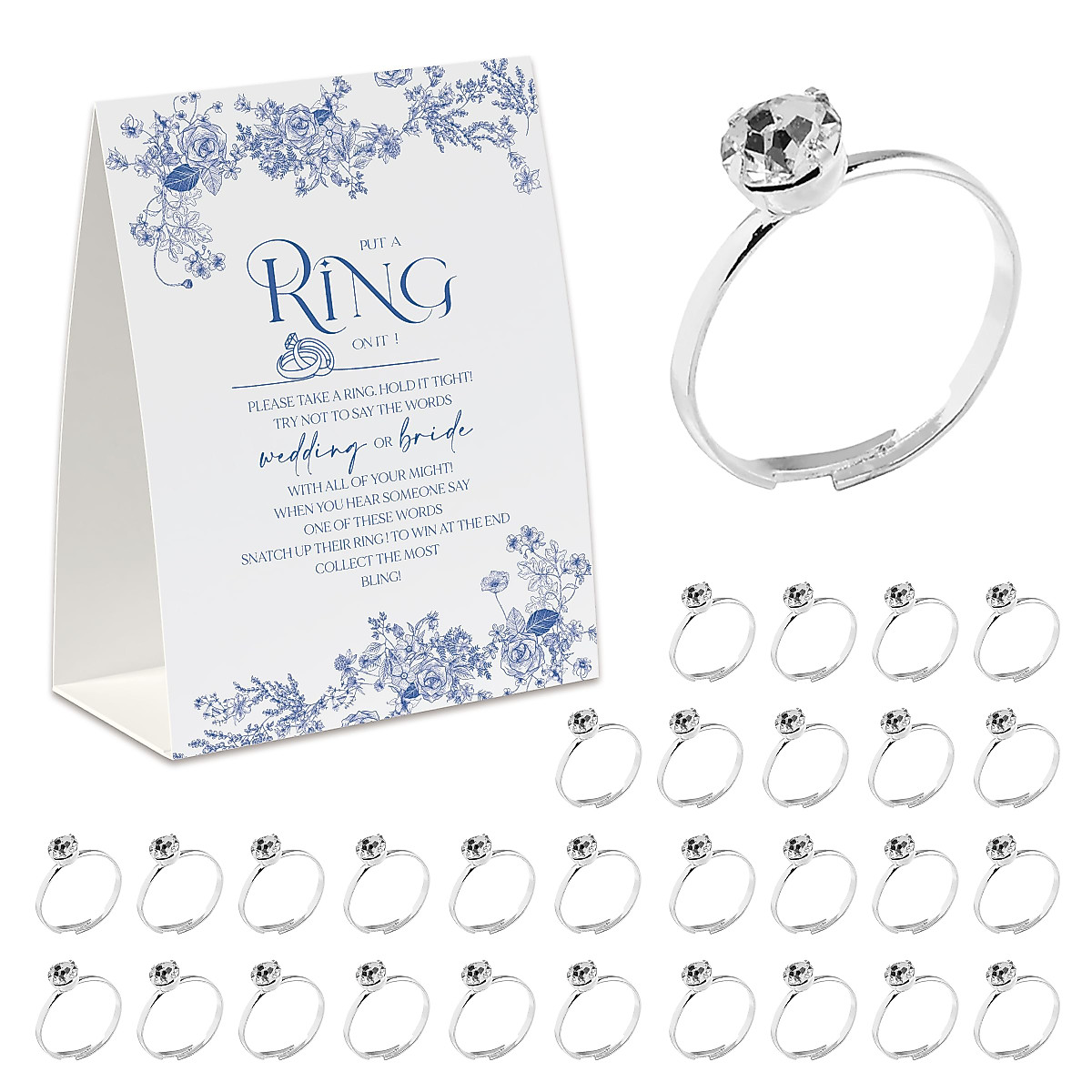 Put A Ring on It Game(50 Rings with One Sign), Don't Say Wedding or Bride Game, Fun Bridal Shower Game, Bridal Shower Decorations Blue Floral-JZDS05