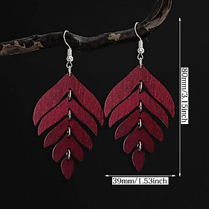 Handmade Lightweight Elegant Wooden Earring for Women - Statement Leaf Drop Dangle Earrings Bohemian Fashion Nature Wood Chain Leaf Earrings for Women Mom Sister Daughter Statement Jewelry Gifts (Wine Red)