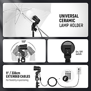 NEEWER 600W Photography Lighting Kit, Incandescent Equivalent Studio Kit with (2)White Umbrella, (2)Black Umbrella, (3)24W LED Bulb, (3)Light Stand, (2)Bag, (5)Cable Tie, (3)E26 Socket Base, NK500