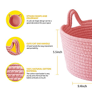 Cafshion Small Toy Basket with Cat Ears, Cute Basket Toy Organizer with Handles Woven Cotton Rope Basket Decorative Basket Nursery Bins & Boxes Gift Basket Empty for Baby Pet Toy Storage