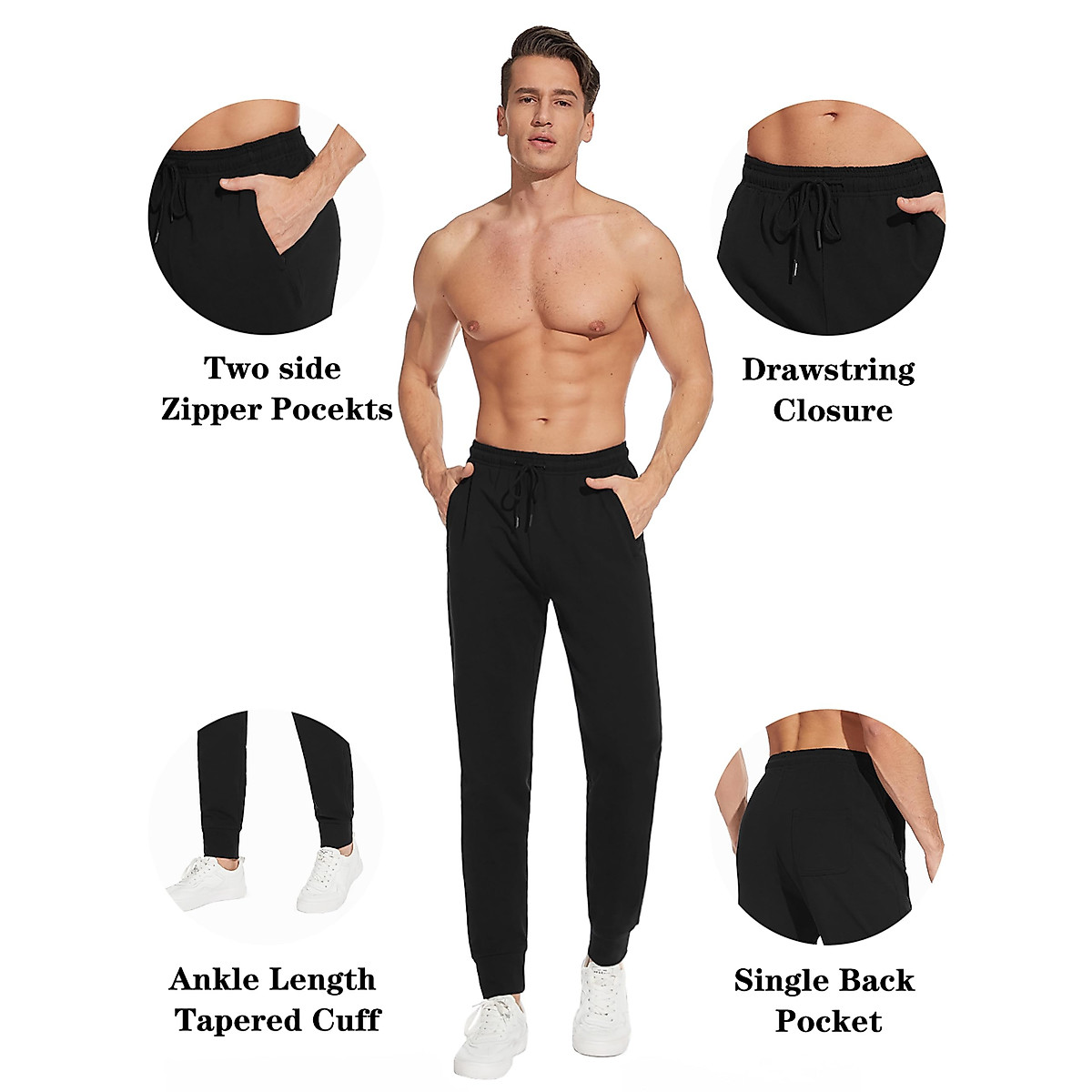 SEVEGO Men's 34" Inseam Tall Lightweight Cotton Joggers with Zipper Pockets Active Sweatpants Work Sports Track Pants Black XL