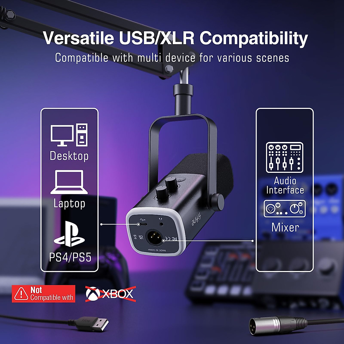 FIFINE XLR/USB Gaming Microphone Set, Dynamic PC Mic for Streaming Podcasting, Computer RGB Mic Kit with Boom Arm Stand, Mute Button, Headphones Jack, for Recording Vocal Voice-Over-AmpliGame AM8T
