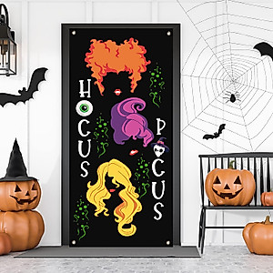 Halloween door cover, Halloween Hocus Pocus Halloween Three sisters door cover, Halloween party decoration front door logo banner indoor and outdoor Halloween supplies (29.5x71 inches