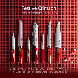 Knife Set, Emojoy 15 Piece Kitchen Knife Set with Block Wooden, German Stainless Steel Sharp Chef Knife Set with Sharpener, Dishwasher Safe and Rust Proof (kitchen knife set red)