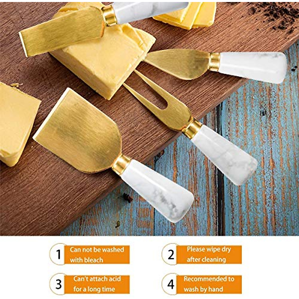 4PCs Gold Cheese Knife Set, Marble Cheese Butter Spreader Cutter with Ergonomic Ceramic Handle for Bread, Stainless Steel Cheese Shaver and Fork for Kids, Birthday, Wedding, Anniversary(Gold)