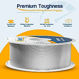 PLA 3D Printer Filament | Silver PLA Filament 1.75mm | 1KG Spool (2.2lbs) - Fits Most FDM Printers | Dimensional Accuracy +/- 0.03 mm | 3D Printing Filament 1.75 Will Not Warp, Clog or Break