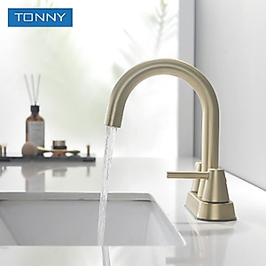 TONNY Gold Bathroom Faucet, 4-Inch Centerset Bathroom Faucet, 2 Handle Bathroom Sink Faucet with Water Supply Lines and Pop Up Drain Bathroom Faucets Brushed Gold