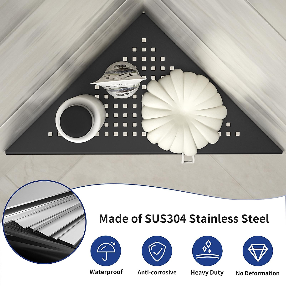 Bernkot Corner Shower Shelf, 10" Matte Black 304 Stainless Steel Grout in Shelf Rack for for Tiled Wall, Recessed Bathroom Shelf, No Drilling Needed