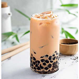 Huge Estate 20 oz Drinking Glass Cups Can Shaped - Set of 2 with 4 Glass Reusable Straws and Bamboo Lids for Iced Coffee Boba Tea Cocktails Beer Wine Water Dessert Glasses Pack of 2 Ideal Gift