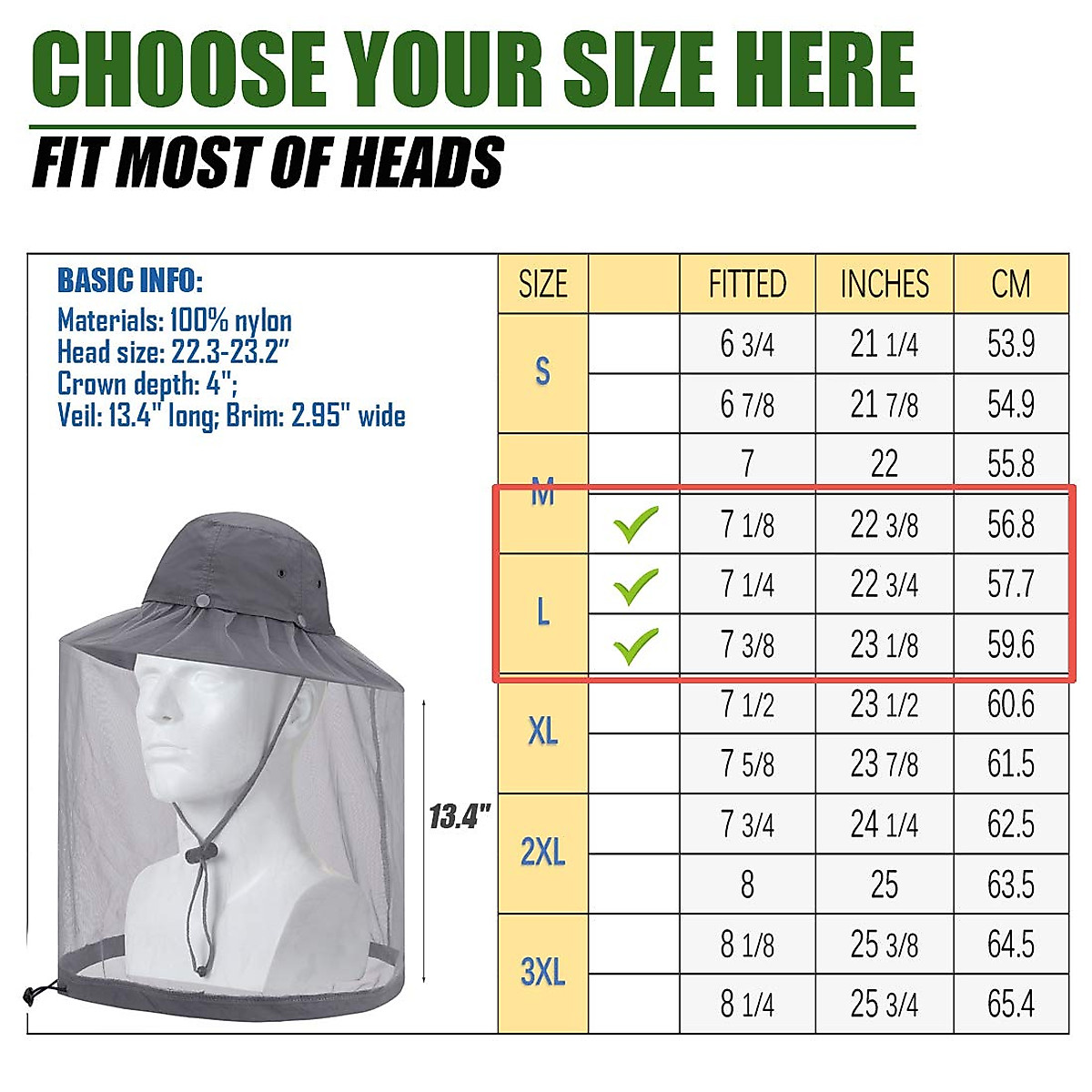 USHAKE Head Net Hat, Safari Hat Sun Hat Bucket Hat with Hidden Net Mesh Grey
