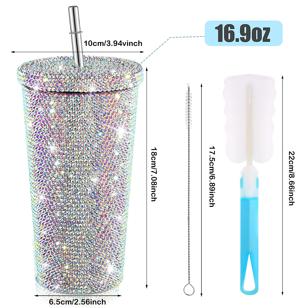 Studded Bling Diamond Tumbler Glitter Water Bottle with Lid Stainless Steel Vacuum Thermal Straw Tumbler Rhinestone Tumbler with 1 Pcs Cup Brush 6 Pcs Straw Brushes for Women(AB Color, 16.9 oz)