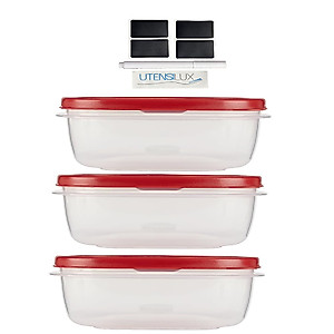 Utensilux Rubbermaid Food Storage Containers Nine Cup Food Storage Containers 7 Peice Set, Easy Find Lids, 3 Containers, 3 Lids Chalk Pen And Chalk Labels