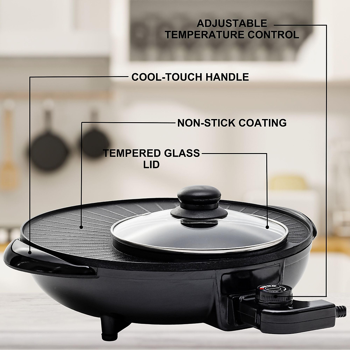 OVENTE Electric Hot Pot and Grill Combo, 2-in-1 Portable Countertop Cooker with Temperature Control Perfect for Korean BBQ, Shabu Shabu and Soup with Free Strainer, Chopsticks and Tong, Black GH10133B