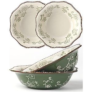 KUNABOO Artisanal Ceramic Soup Bowl, Dinner Bowls Ceramic, Dinner Bowls Set of 4-14 oz - Sakura Floral Series Pine Green - Ready to Wrap Gift