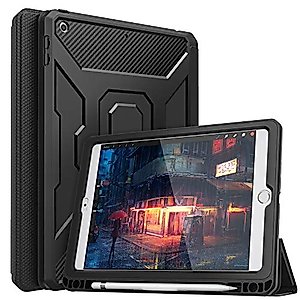 MoKo Case Fit 2018/2017 iPad 9.7 6th/5th Generation, [Built-in Screen Protector] Full-Body Shockproof Case Smart Shell Trifold Stand Cover with Auto Sleep/Wake & Pencil Holder - Black