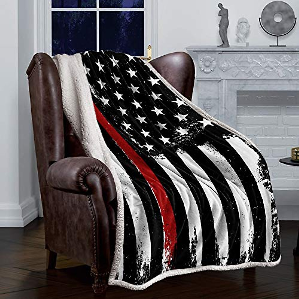 Sherpa Fleece Throw Blanket Black White and Red American Flag Home Decor Reversible Fuzzy Warm and Cozy Throws, Honoring Firefighters Redline Super Soft Plush Bed TV Blankets for Couch/Sofa/Travel