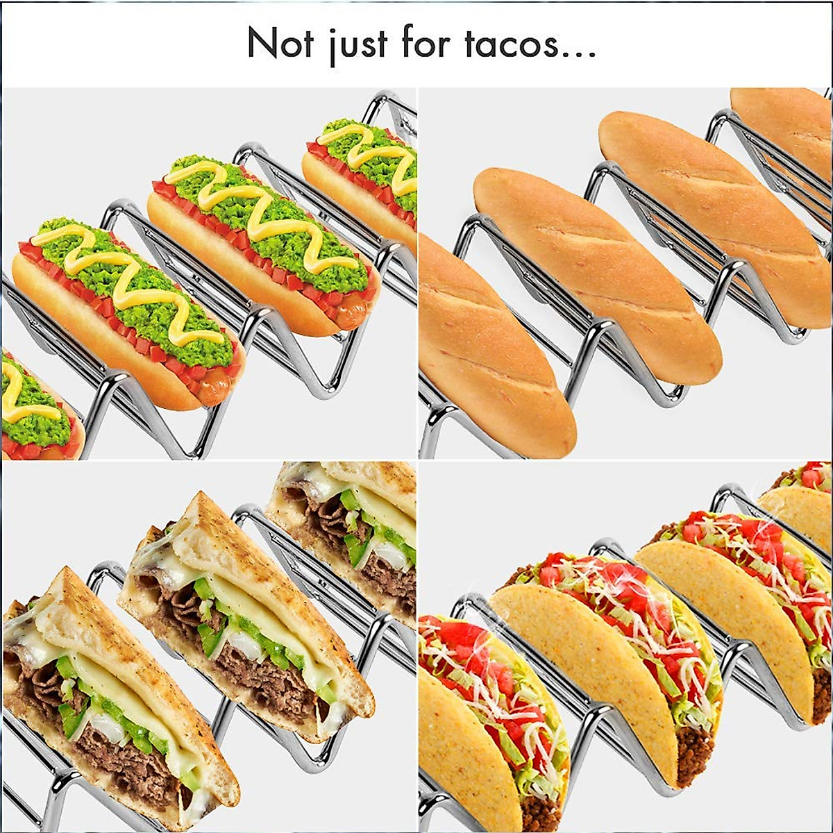 Taco Holders set of 2,Stainless Steel Taco Shell Holder Stand,Taco Tray Plates for Taco Bar Gifts Accessories,Holds 4 Tacos Each,Oven Safe for Baking, Dishwa sher and Grill Safe