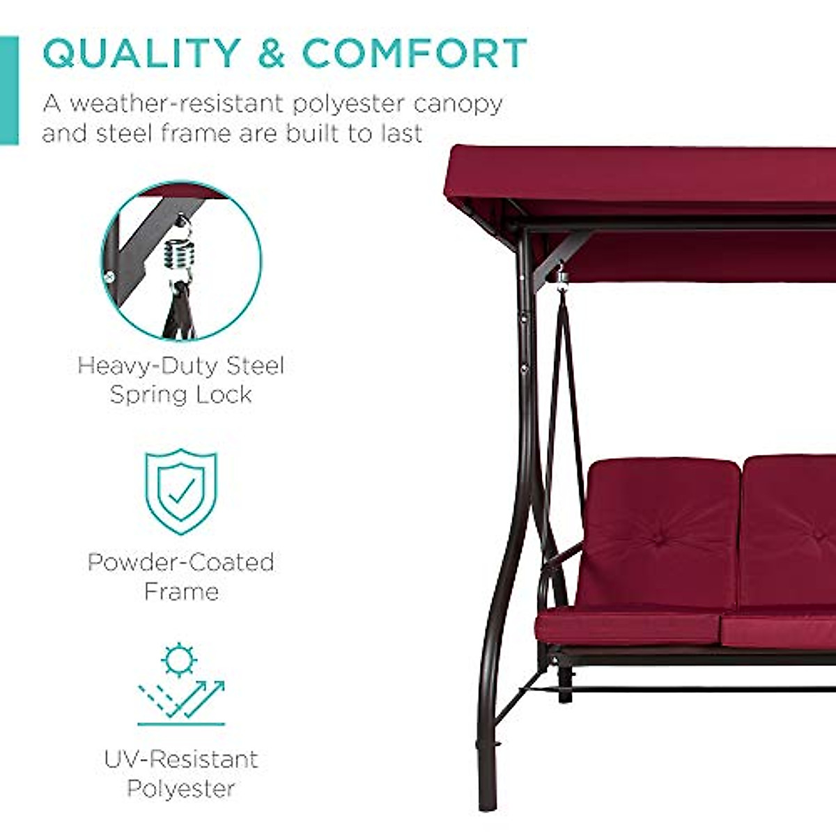 Best Choice Products 3-Seat Outdoor Large Converting Canopy Swing Glider, Patio Hammock Lounge Chair for Porch, Backyard w/Flatbed, Adjustable Shade, Removable Cushions - Burgundy