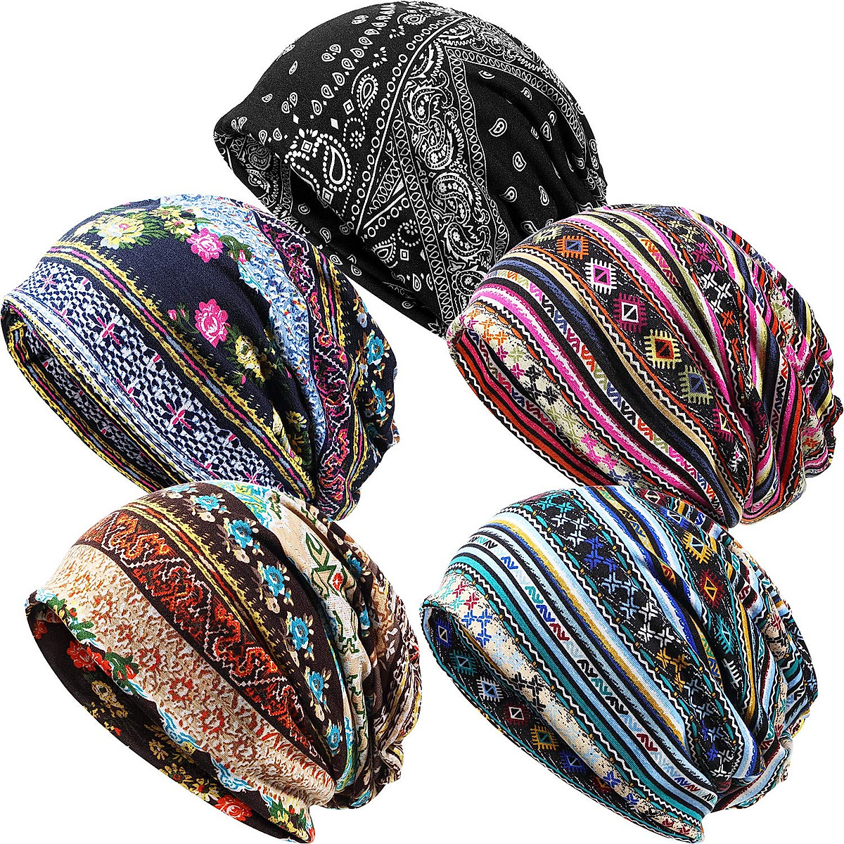 5 Pieces Women's Slouchy Beanie Hat Stretch Turban Hats Cancer Headwear Caps Baggy Skull Sleep Scarf (Striped Style) Multicoloured