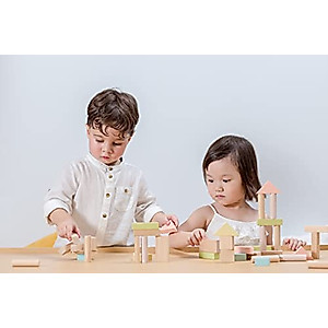 PlanToys 40 Piece Unit Block Building and Construction Block Set (5507) | Pastel Color Collection |Sustainably Made from Rubberwood and Non-Toxic Paints and Dyes