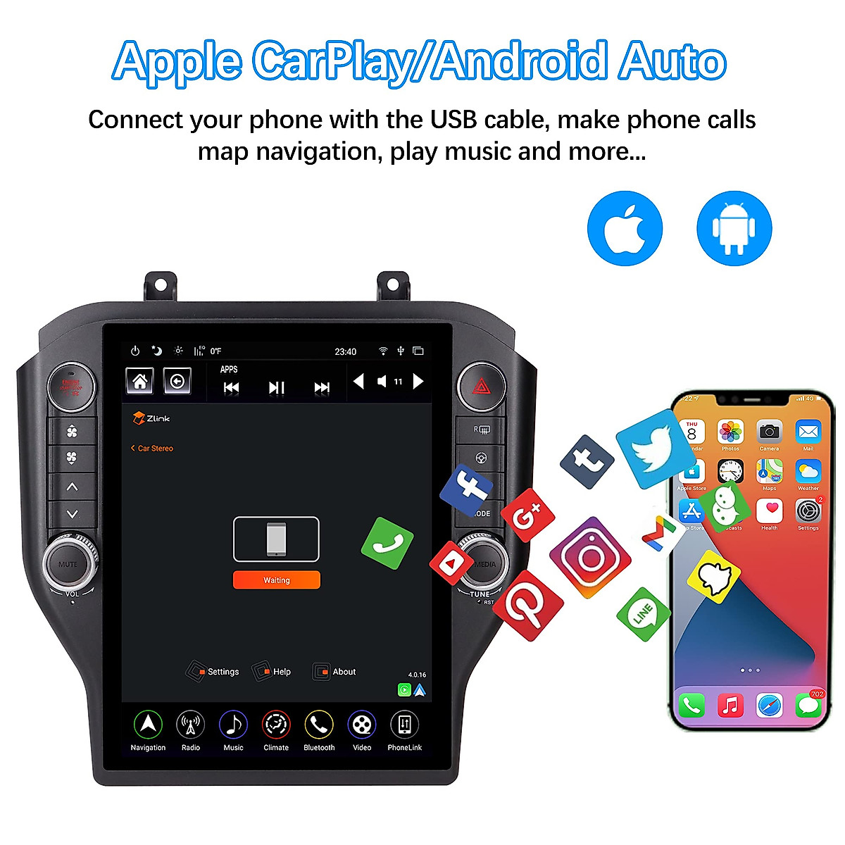 LINKSWELL GEN 4 “T” Style 12.1 inch Car Radio Replacement for Ford Mustang 2015 to 2020, GPS Navigation Android Head Unit Multimedia Player HDMI/Bluetooth/USB/AUX/Wi-Fi Mustang Car Stereo