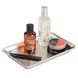 mDesign Metal Storage Organizer Tray for Bathroom Vanity Countertops, Closets, Dressers - Holder for Watches, Earrings, Makeup, Reading Glasses, Perfume, Guest Hand Towels, Satin