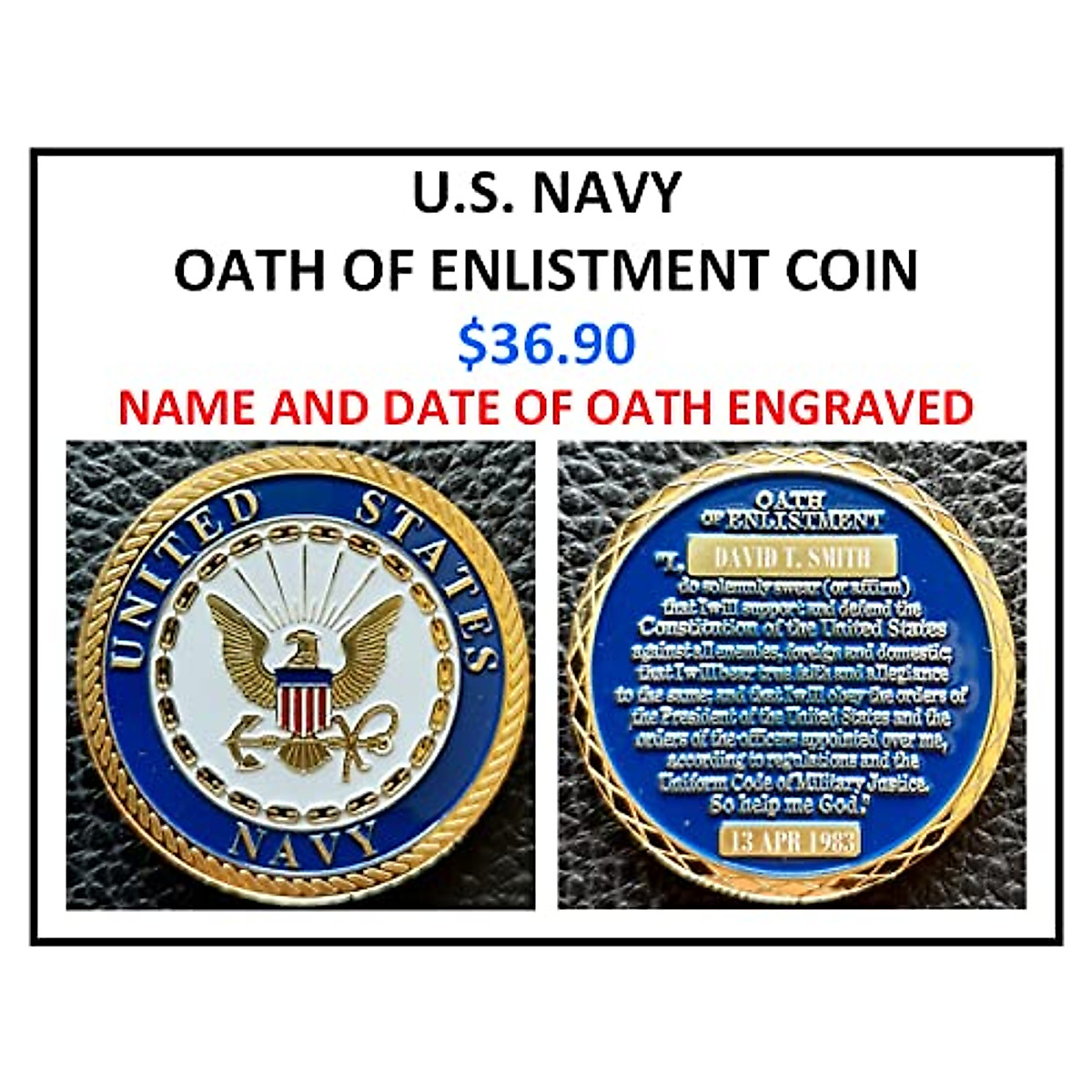 Challenge Coin-US Navy Oath of Enlistment Engraved with Name and Date of Oath
