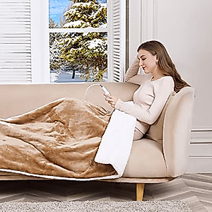 CAROMIO Electric Heated Blanket Throw, 4 Heating Levels & 4 Hours Auto Off, Thick Flannel & Sherpa Reversible Electric Blanket, Fast Heating Blanket Throw with Overheating Protection, Brown 50" x 60"