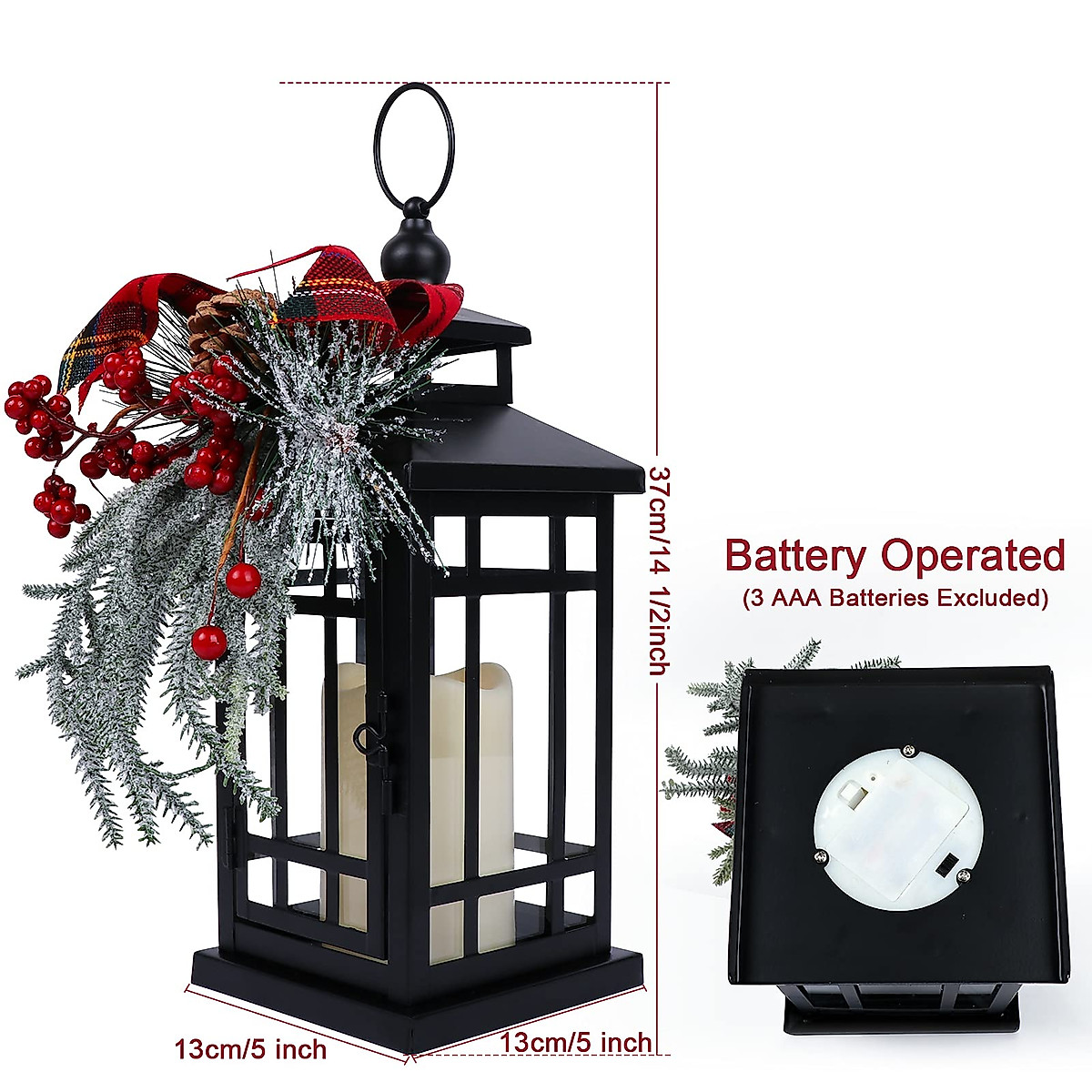 Christmas Candle Lantern14 Inch, Garden Flashing Candle Light, Decorative Hanging Lantern for Indoor Home Tables and Fireplaces Outdoor Patios, with Holiday Retro Decorative Ornaments