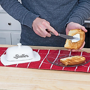 AuldHome Farmhouse White Butter Dish, Vintage Style Enamelware Butter Dish with Cover