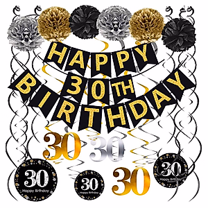 Famoby Black & Gold Glittery Happy 60th Birthday Banner,Poms,Sparkling 60 Hanging Swirls Kit for 60th Birthday Party 60th Anniversary Decorations Supplies