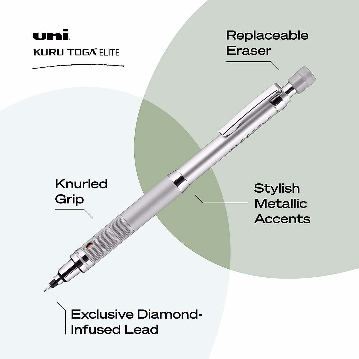 uni-ball Kuru Toga Elite Mechanical Pencil Starter Kit with Silver Barrel and 0.5mm Tip, 60 Lead Refills, and 5 Pencil Eraser Refills, HB #2