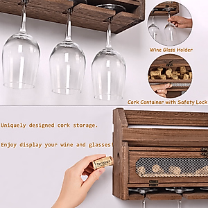 TRSPCWR Wall Mounted Wine Rack and Shelf Set of 2, Wood Rustic Floating Shelf, Wine Bottles & Glasses Holder with Cork Storage Store, Wine Decor and Storage Holder for Kitchen Dining Room Bar