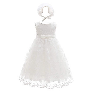 Baby Girls Floral Embroidered Overlay Sleeveless Christening Gown Baptism Tulle Dress with Bonnet Ivory Size 12M / 6-12Months
