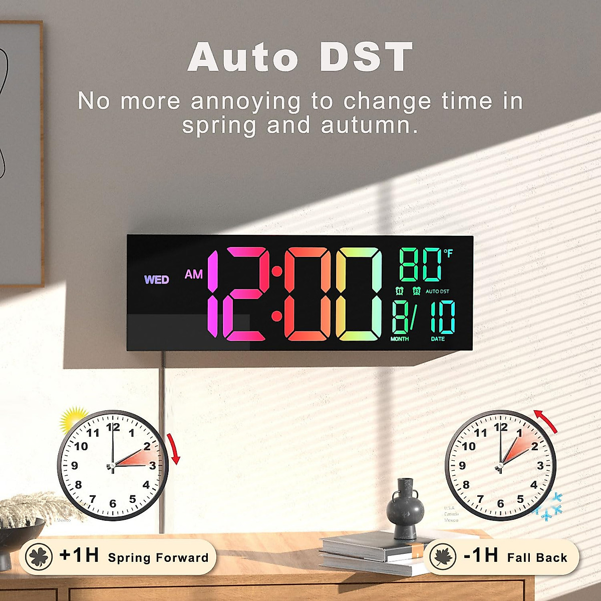 JALL 16" Large Digital Wall Mount Clock, Count Down Timer with Remote, Alarm, Big LED, 8 RGB Color, DST, Temperature for Living Room Classroom Desk, Xmas, Birthday Gift for Senior Men Women Mom Dad