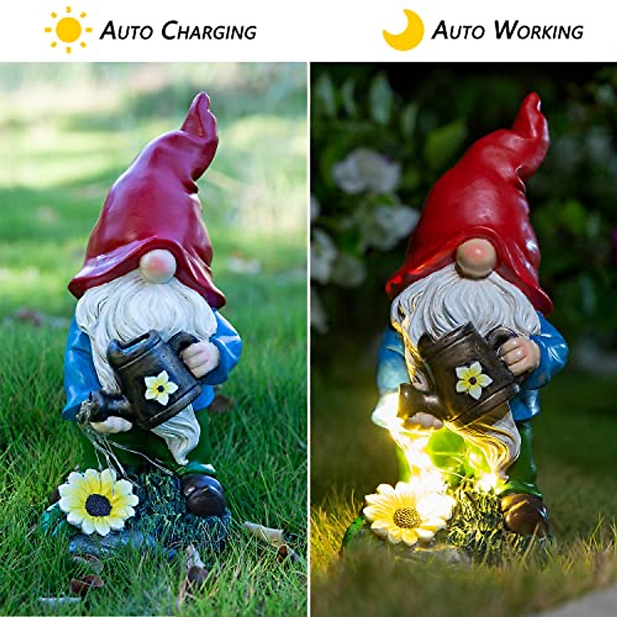 Garden Gnome Statue Outdoor Decor with Watering Can Solar Lights, Funny Knomes Figurines Watering Sunflower, Outside Decoration for Patio Yard Lawn Porch Ornaments Clearance Gardening Gift