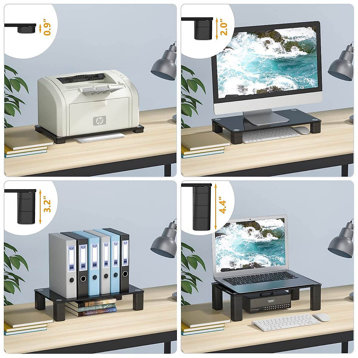 5Rcom Dual Computer Monitor Stand Riser, 2 Pack Height Adjustable Monitor Stand with Tempered Glass, Stackable Desktop Monitor Risers for 2 Monitors, PC, Under Monitor Desk Organizer, Black