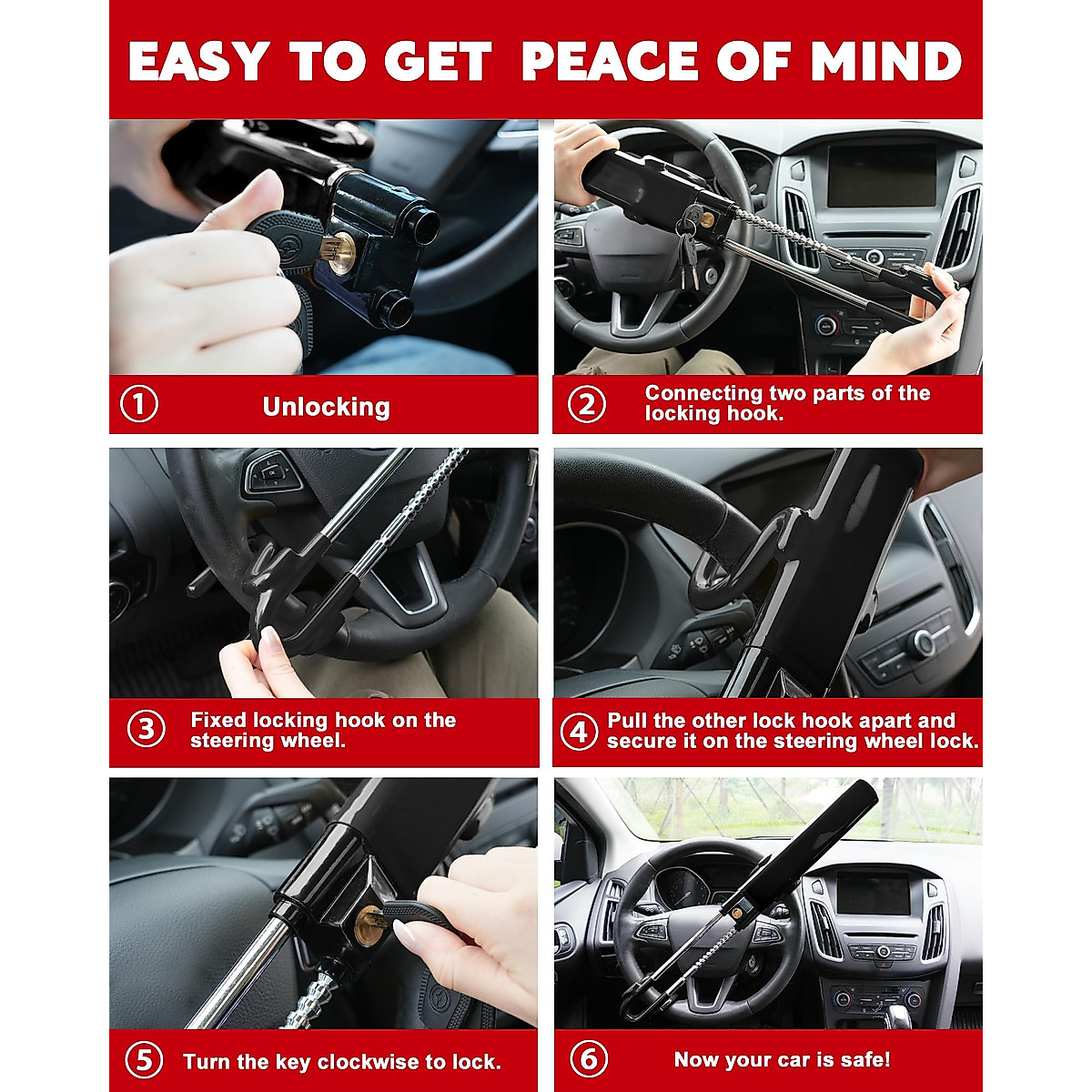 Tevlaphee Steering Wheel Lock Anti-Theft Car Device Heavy Duty Security Car Lock Antitheft Locking Devices Great Deterrent Adjustable Car Wheel Lock Anti Theft for Vehicle Truck with 3 Keys(Black)