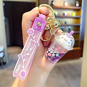 Sunfans Girls Women Keychain, Summer Beautiful Flower Milk Tea Bubble Tea Lucky Fortune Cat Cup Moving Sand Liquid Keyrings, Acrylic Car Key Chain Key Ring Bag Pendant Key Holder Wrist Strap -Pink