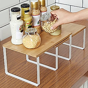 SONGMICS Kitchen Counter Organizers and Cabinet Shelves Bundle, Set of 4 Expandable Kitchen Cabinet Shelves, Metal and Bamboo, Black, Natural, and White UKCS02NB and UKCS02NW